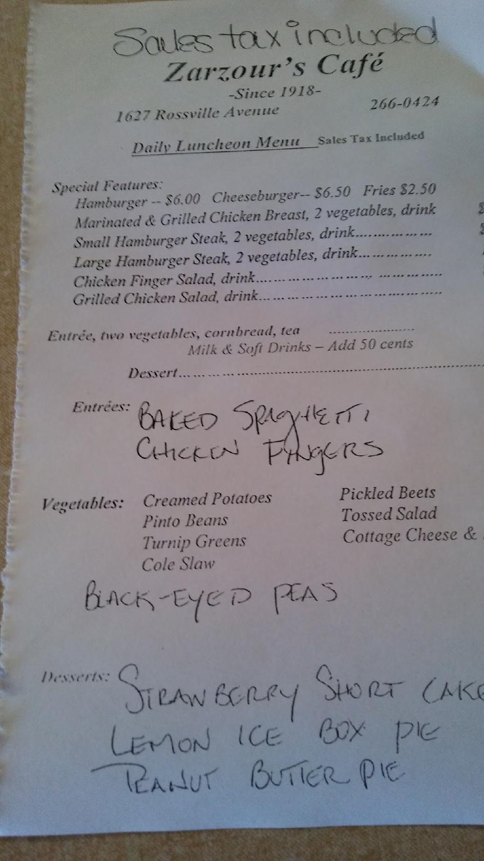 Menu at Zarzour's cafe, Chattanooga