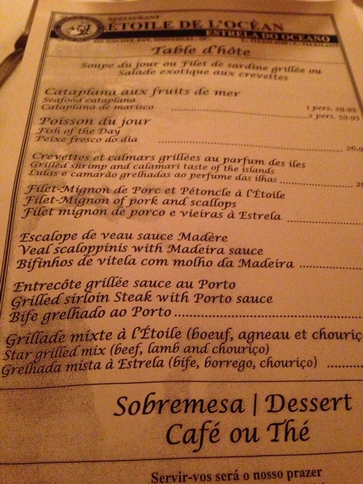 Menu at L'Étoile de l'Océan restaurant, Montréal