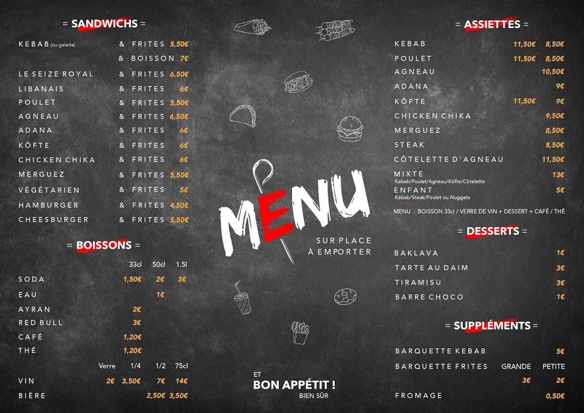Menu au Le Seize Kebab restaurant, Languidic