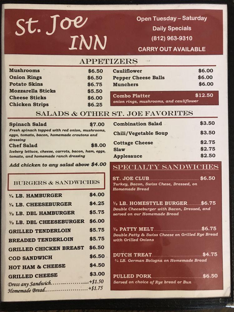 Menu at St Joe Inn pub & bar, Evansville