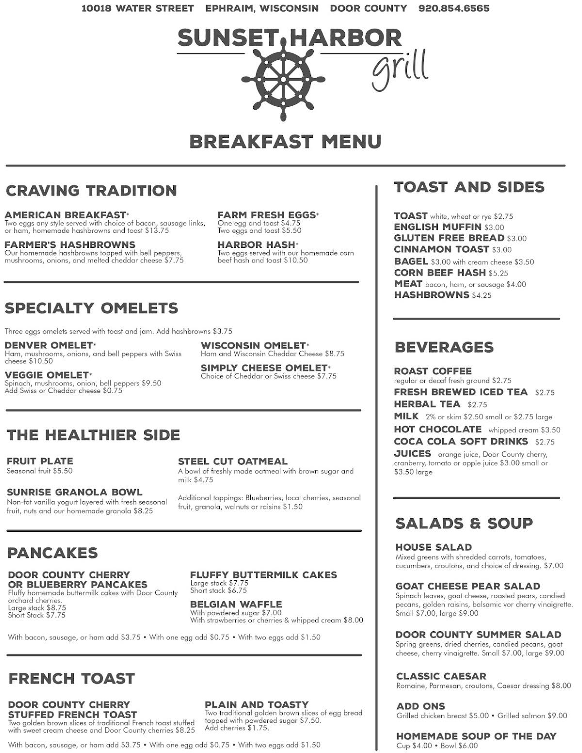 Menu at Sunset Harbor Grill BBQ, Ephraim