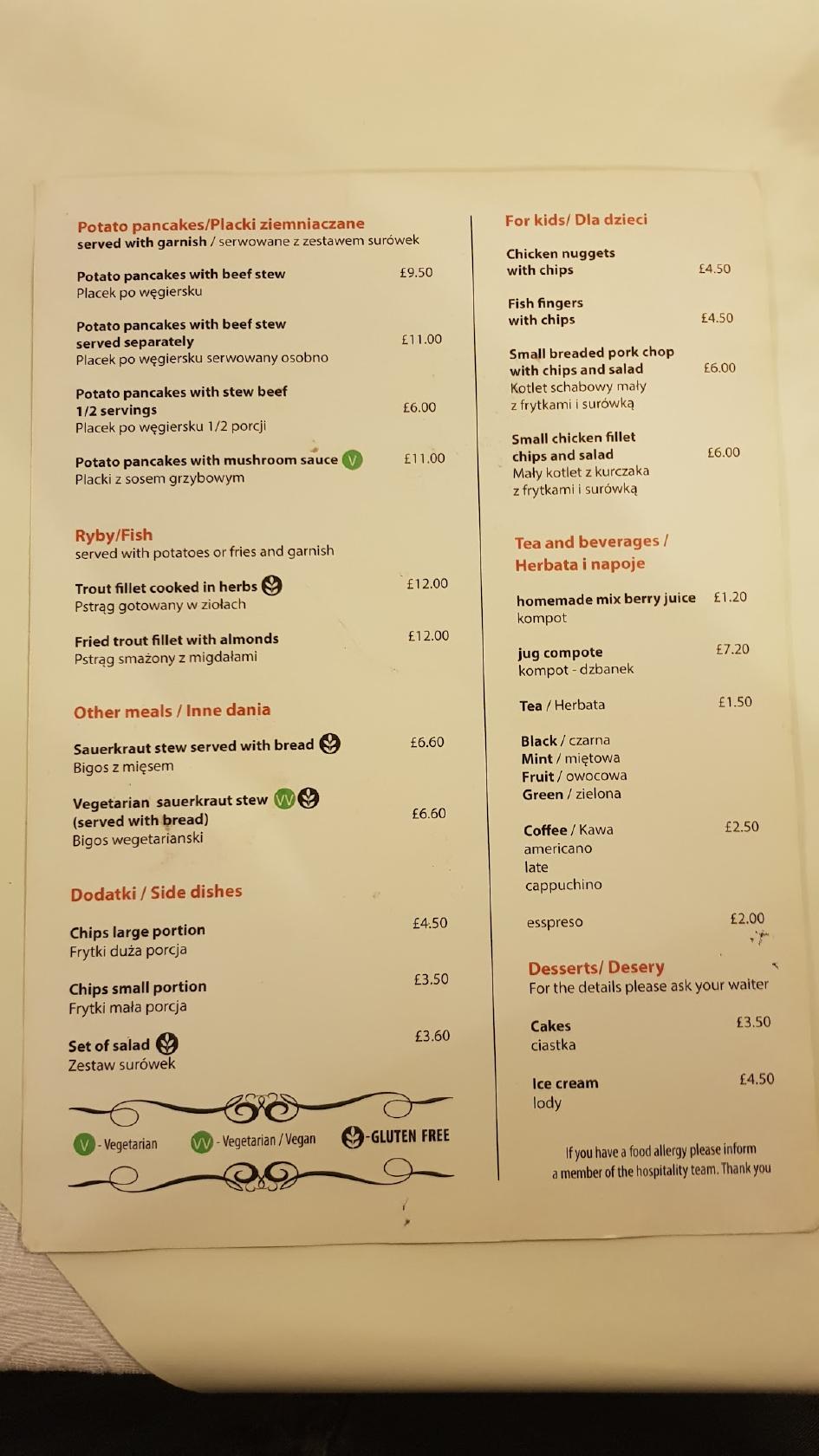 Menu at U Jarka restaurant, Glasgow
