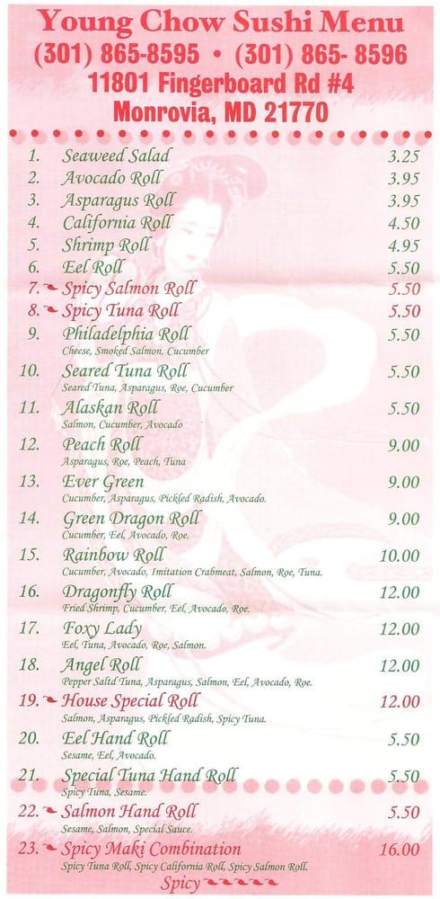 Menu at Young Chow restaurant, Monrovia