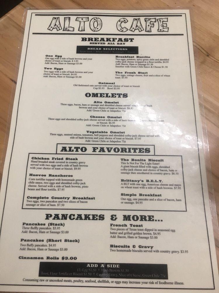Menu at Alto Cafe, Alto, 810 NM-48
