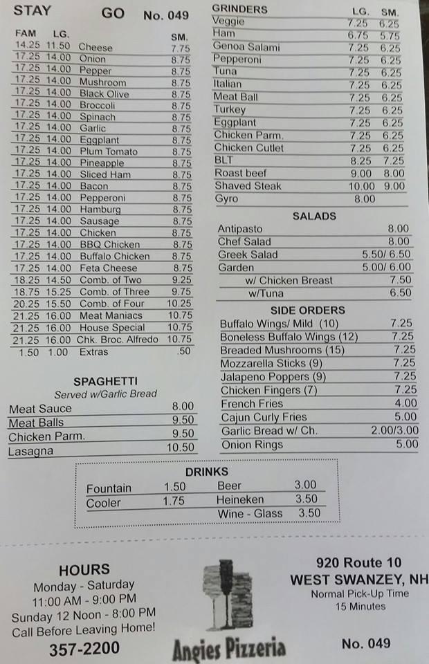 Menu at Angie's Pizzeria, Swanzey