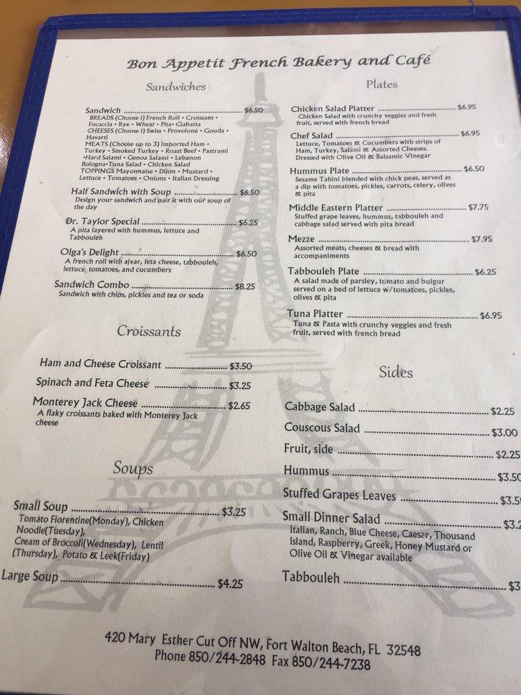 Menu at Bon Appetit French Bakery and Cafe, Fort Walton Beach