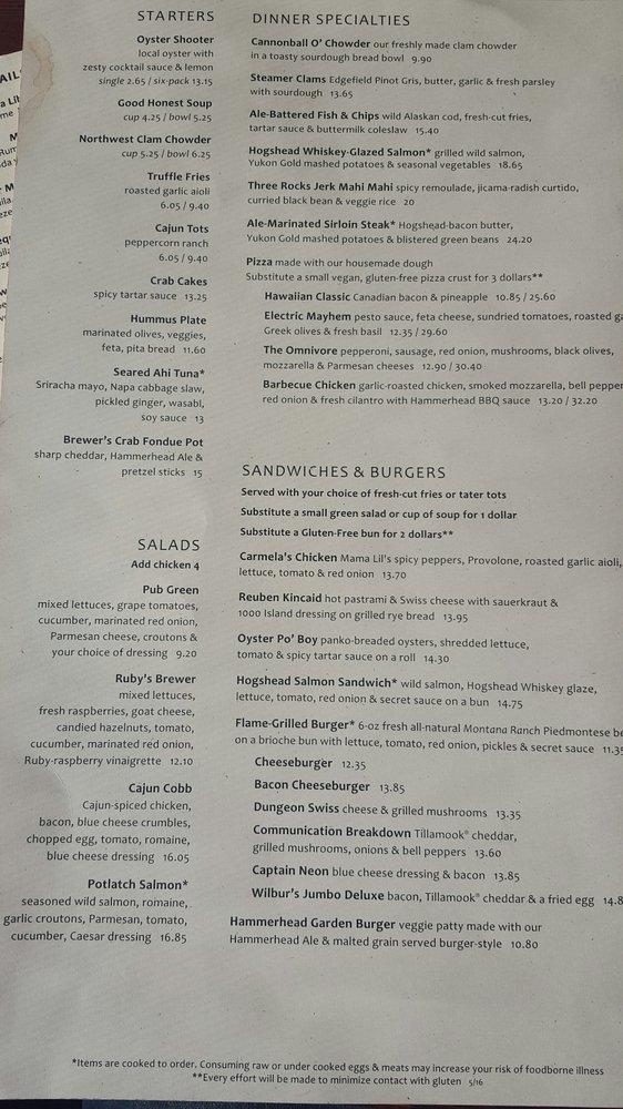 Menu at McMenamins Lighthouse Brewpub, Lincoln City
