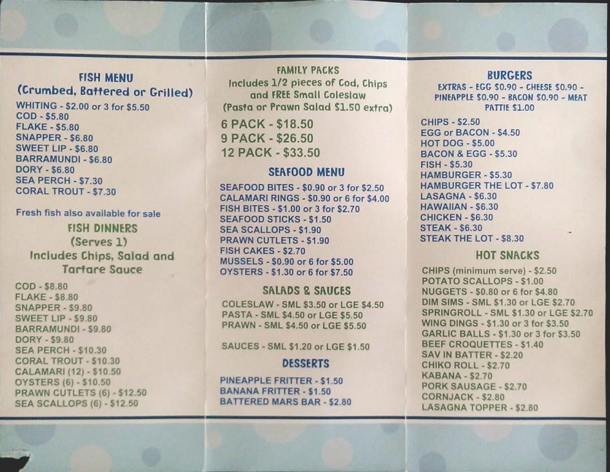 Menu at Blue Ocean takeaway restaurant, Alexandra Hills