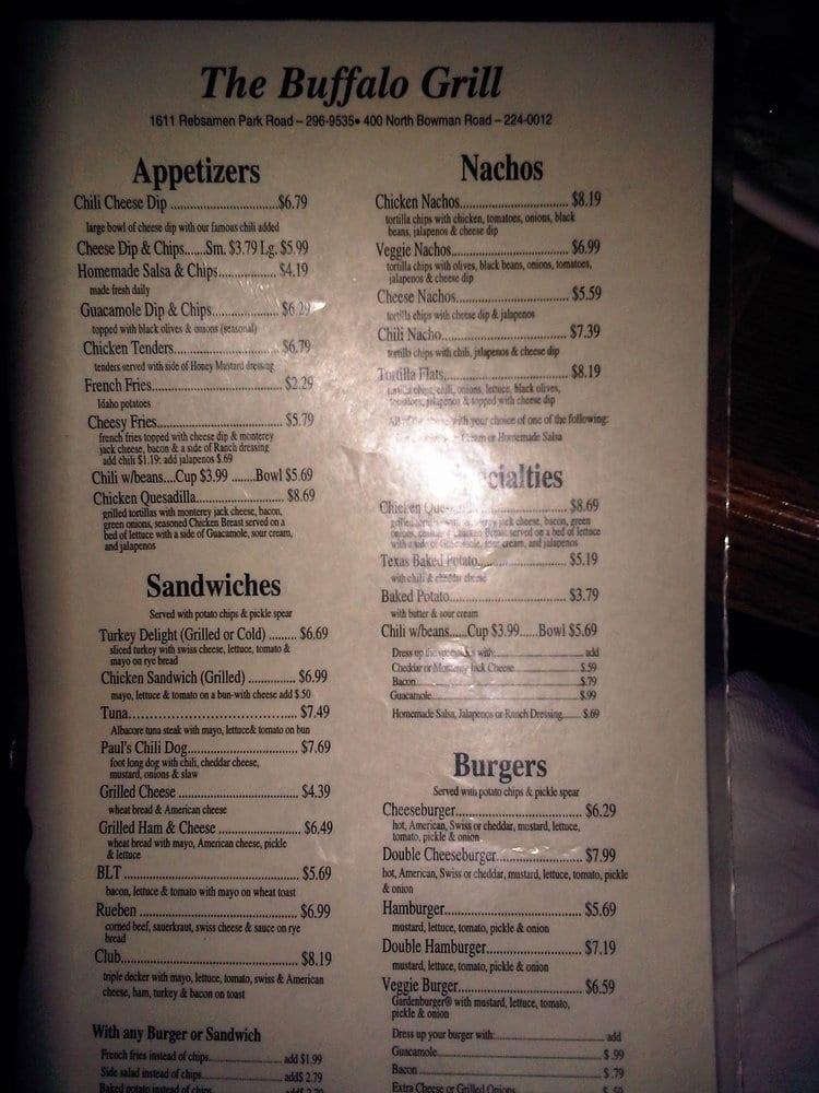 Menu at Buffalo Grill restaurant, Little Rock, Rebsamen Park Rd
