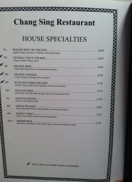 Menu at Chang Sing Restaurant, Moscow
