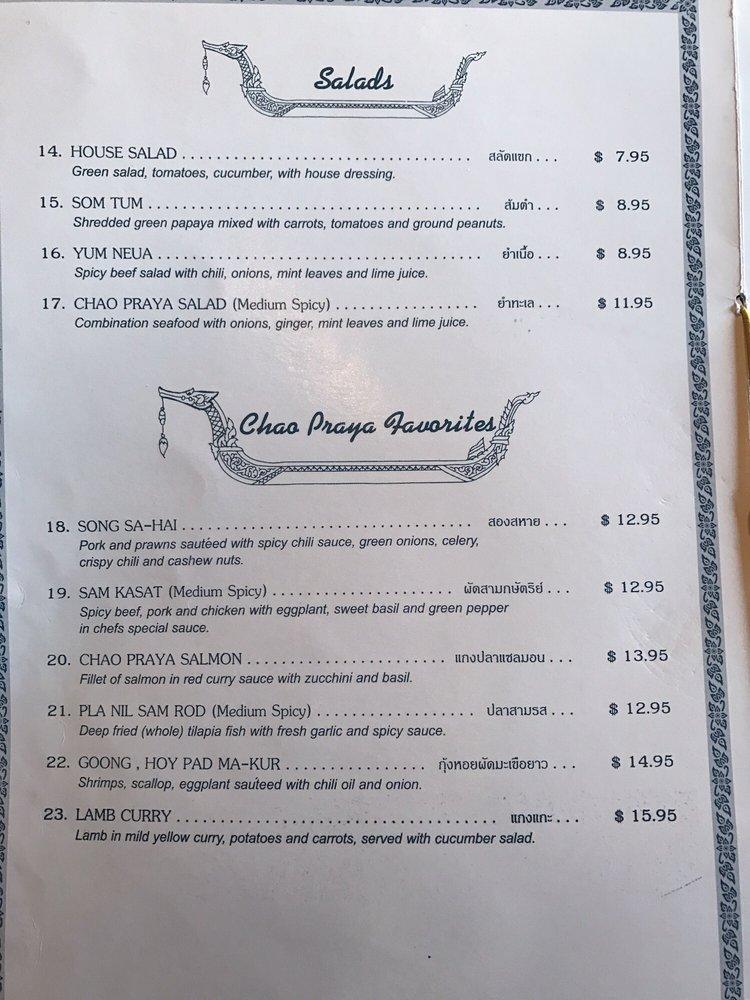 Menu at Chao Praya restaurant, Novato