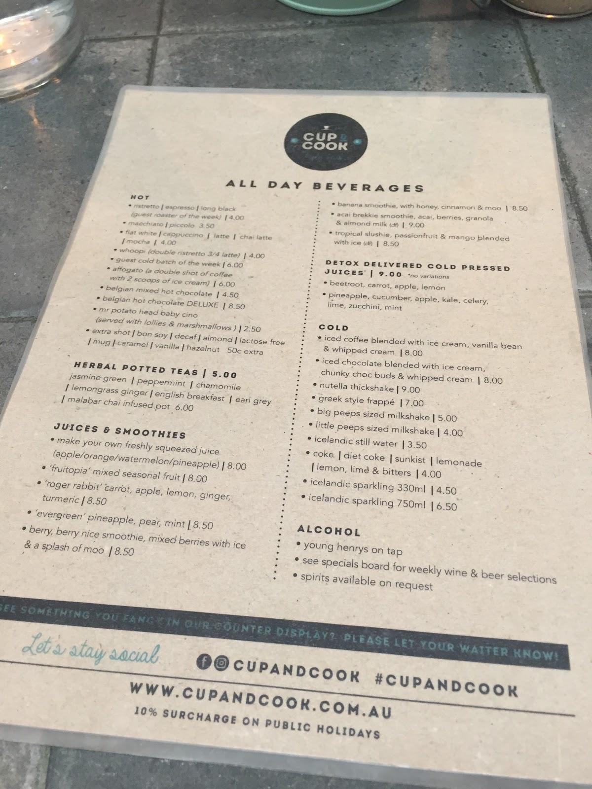 Menu at Cup and Cook cafe, Kyle Bay