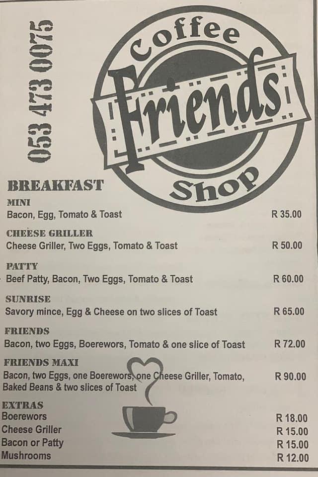 Menu at Friends restaurant, Hartswater