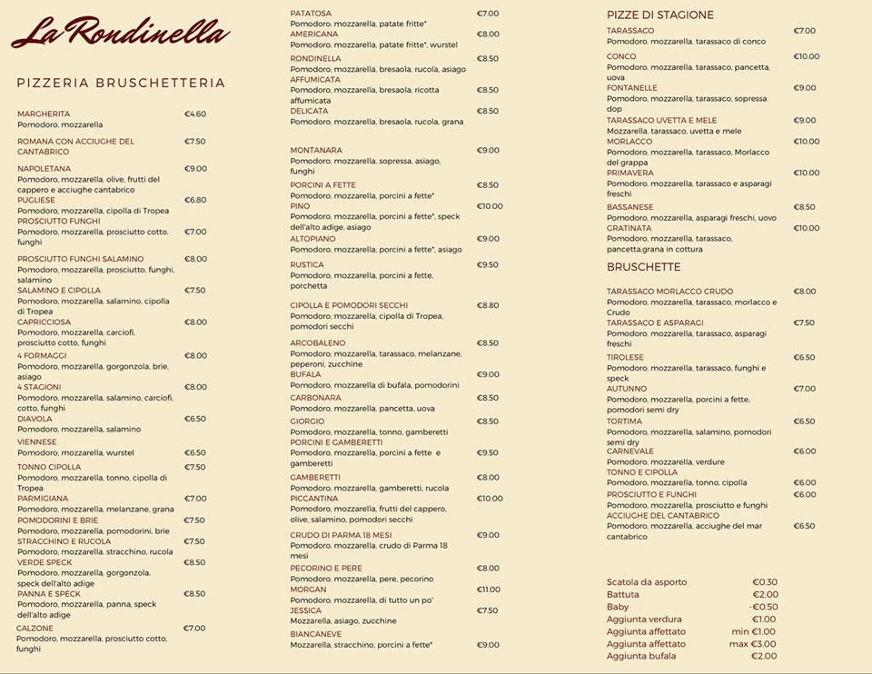 Menu da La Rondinella ristorante, Conco
