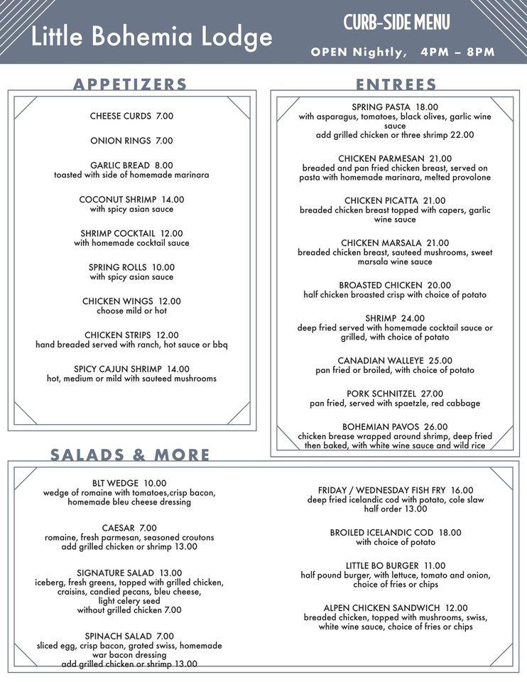 Menu at Little Bohemia Lodge restaurant, Manitowish Waters, 142 US-51
