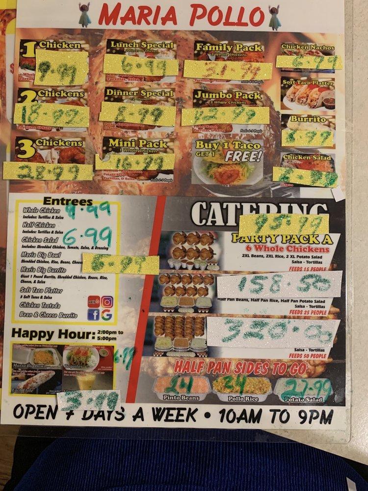 Menu at Maria Pollo restaurant, Yucaipa
