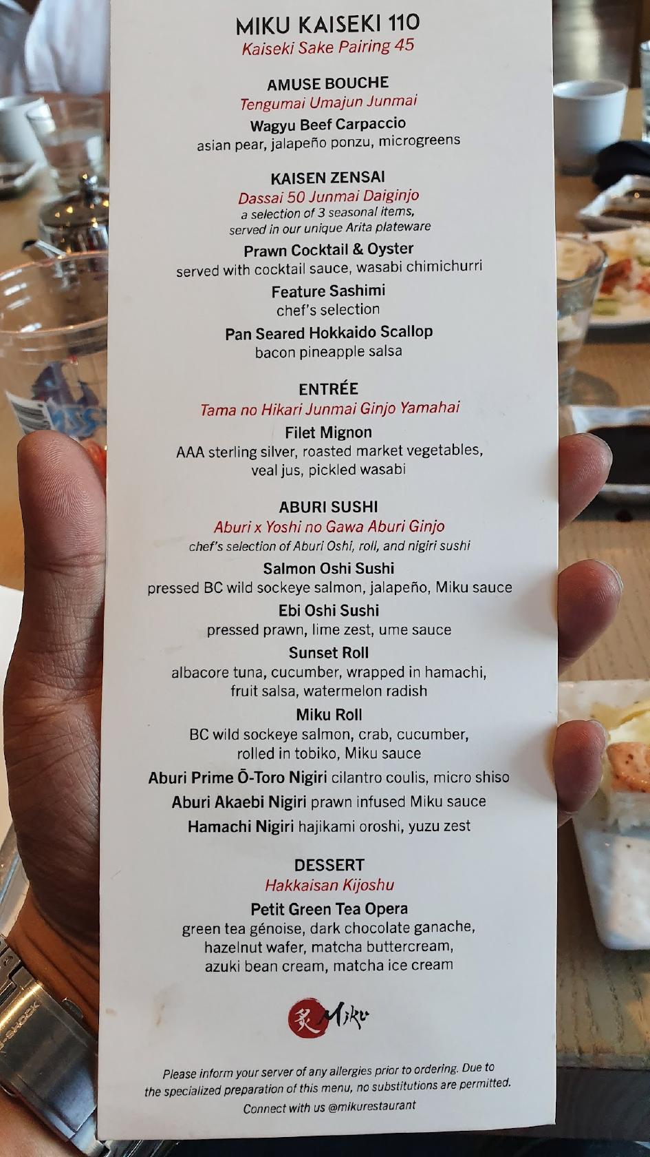 Menu at Miku Vancouver restaurant, Vancouver