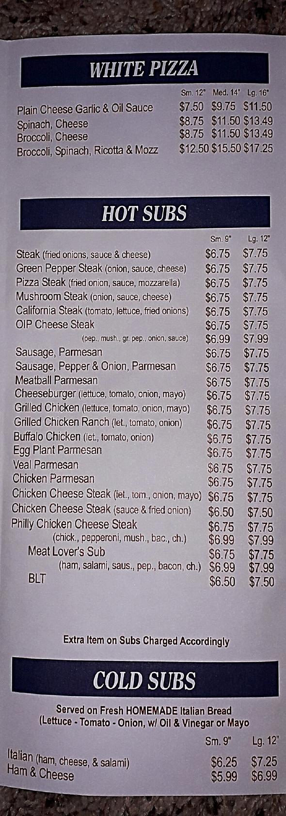 Menu at Original Italian Pizza pizzeria, Pine Grove