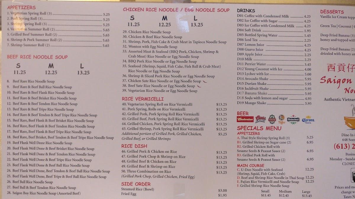 Menu at Saigon Boy Noodle House restaurant, Ottawa