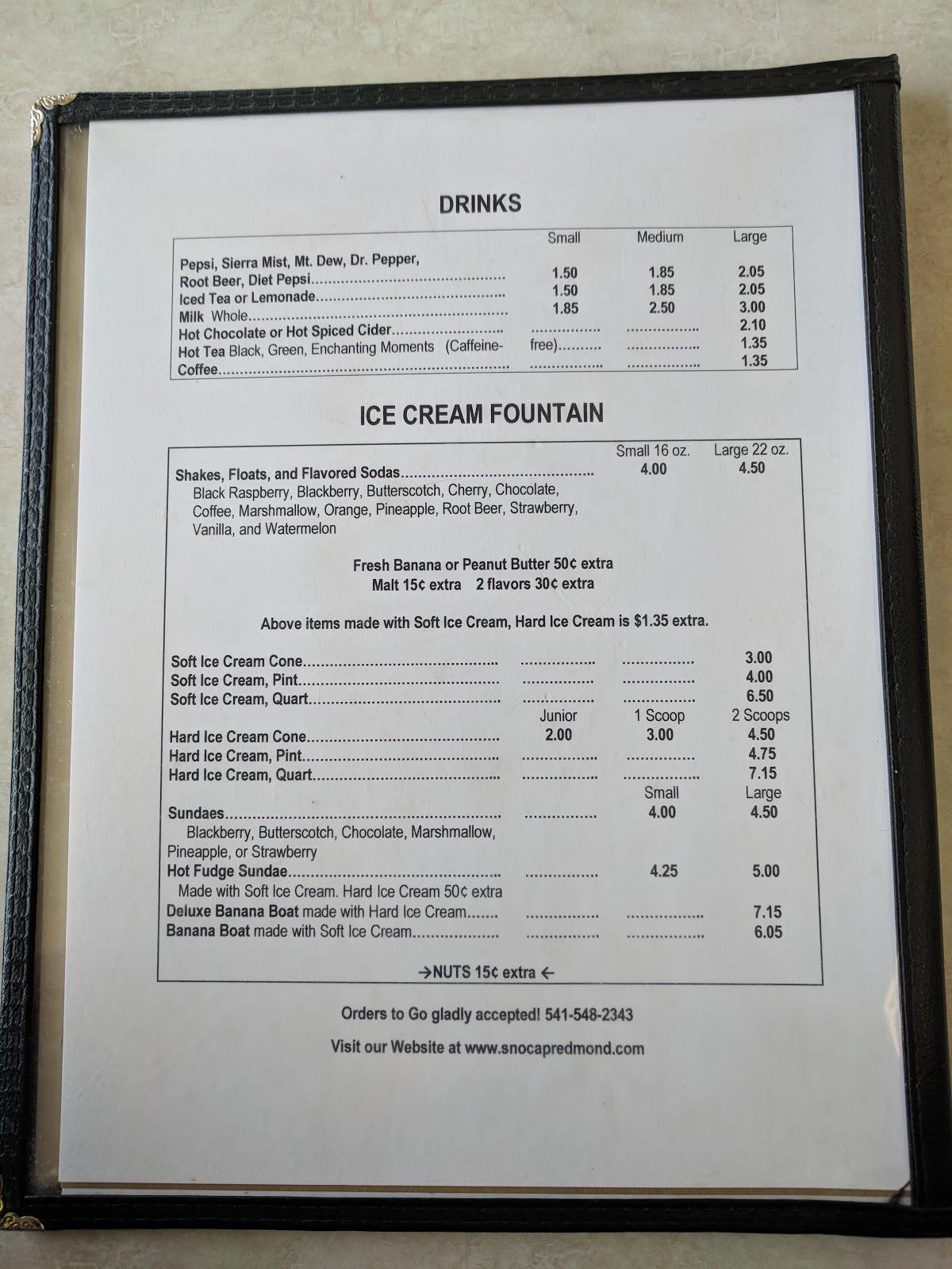 Menu at Sno-Cap Drive In Redmond restaurant, Redmond