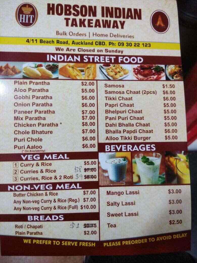 Menu at Hobson Indian Takeaway restaurant, Auckland, 4/11 Beach Rd