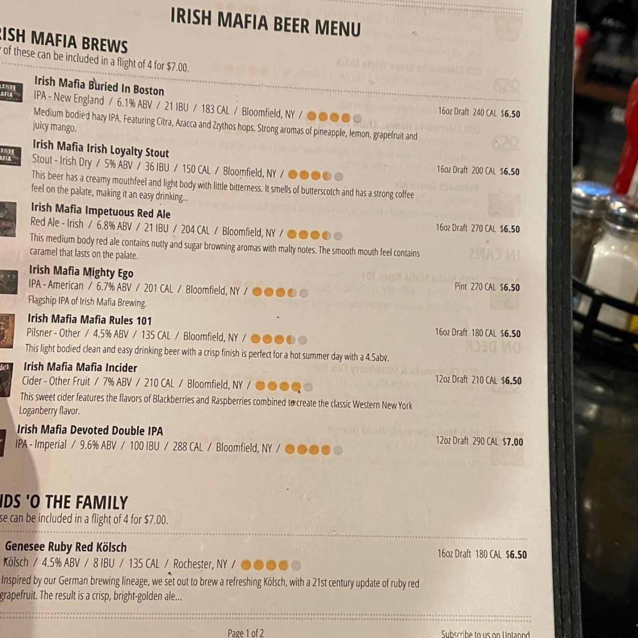 Menu at Irish Mafia Brewing pub & bar, Bloomfield