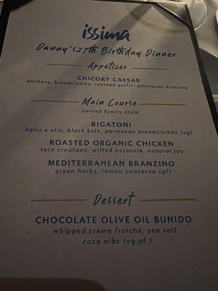 Menu at Issima restaurant, West Hollywood