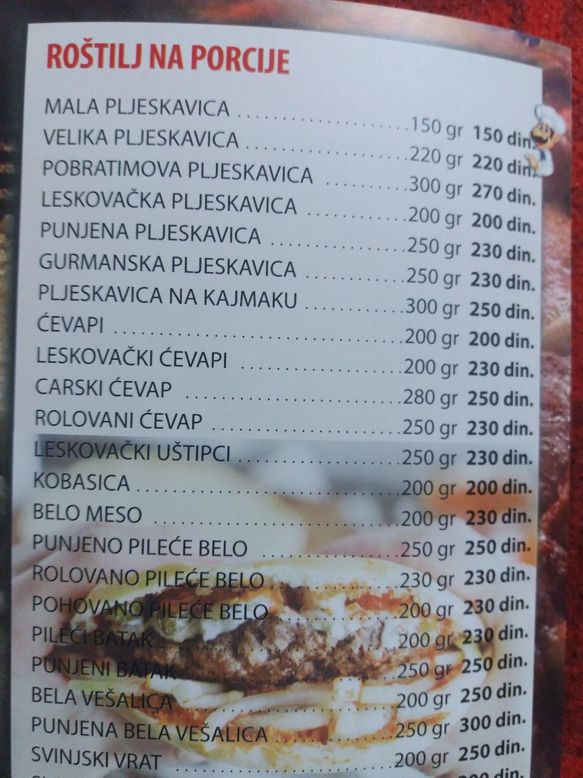 Menu at Kod Pobratima restaurant, Belgrade, Bulevar Peka Dapčevića 253a