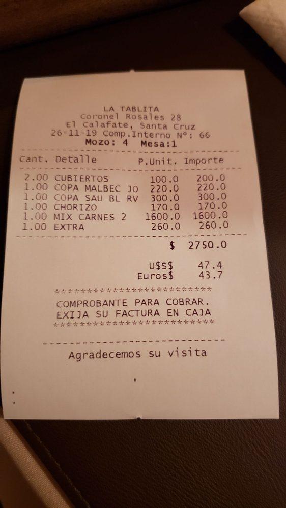 Menu at La Tablita steakhouse, El Calafate