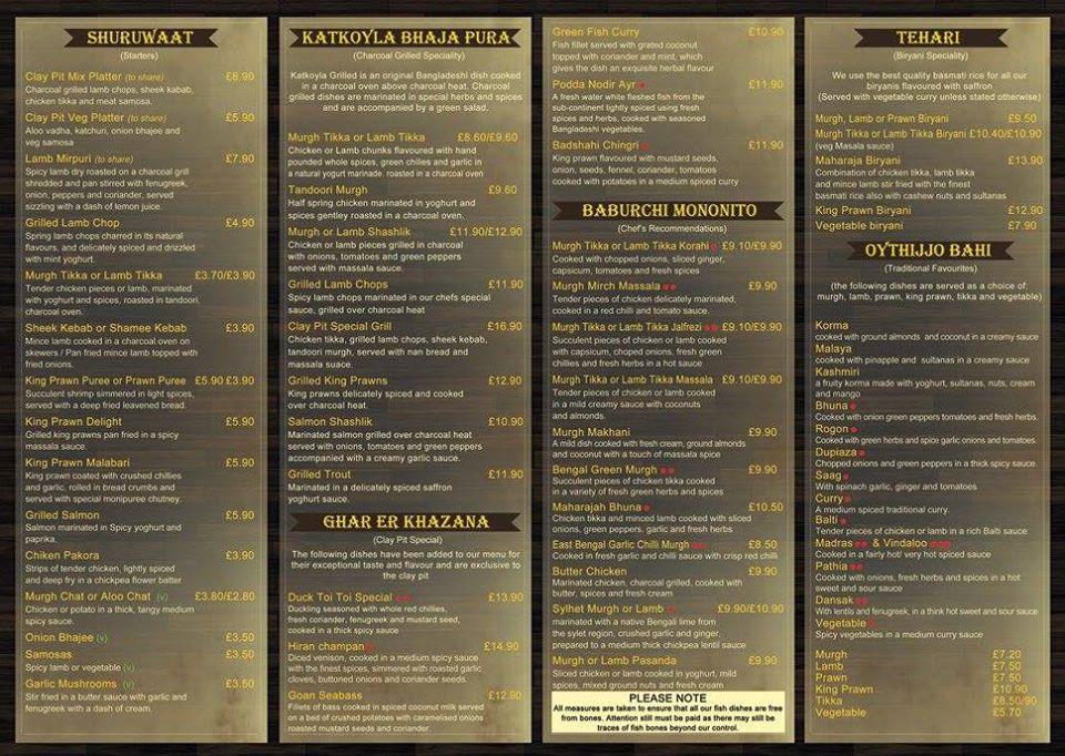 Menu at The Clay Pit restaurant, Penarth