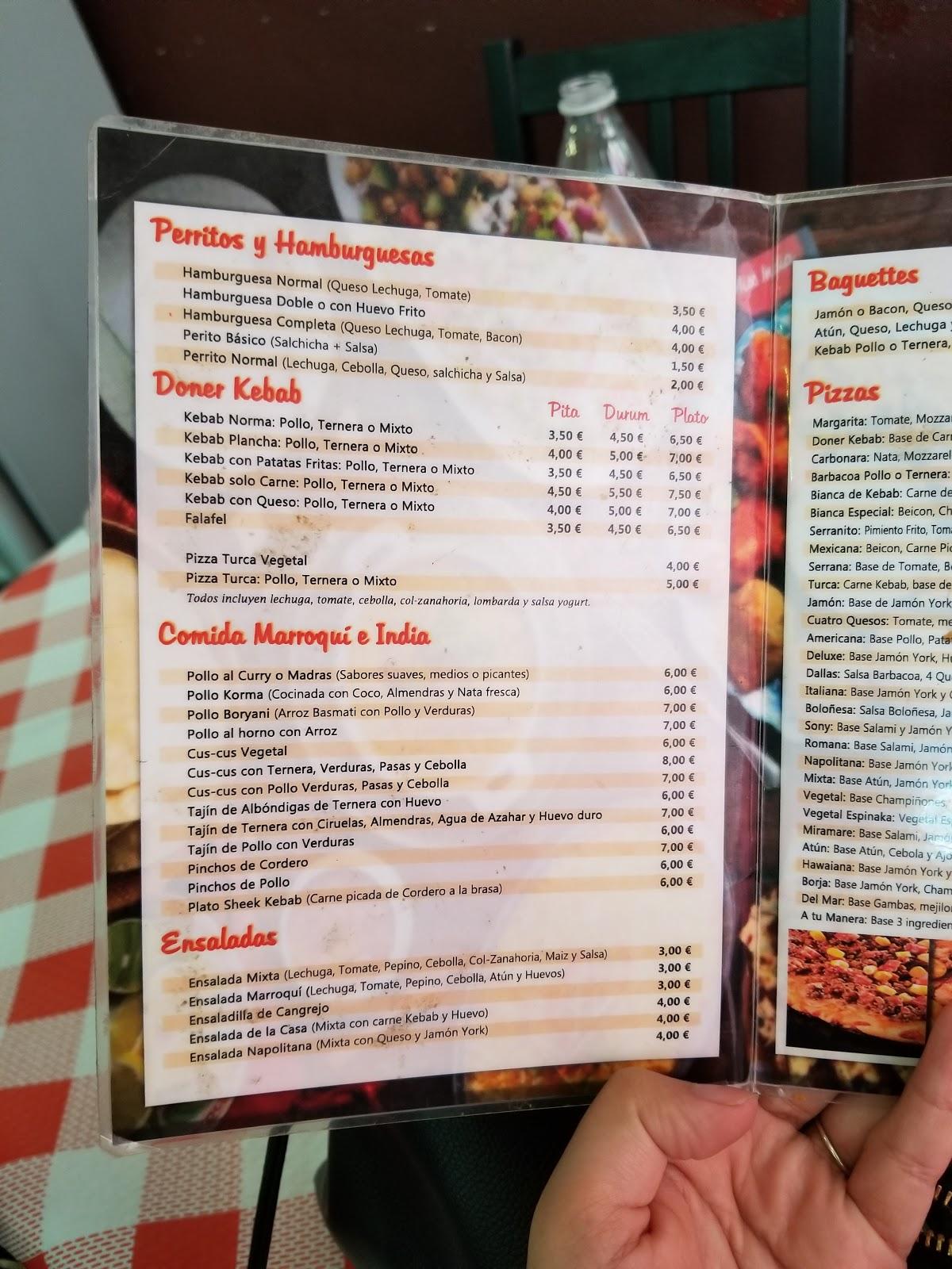 Menu at Baba Sultan Kebab restaurant, Ronda, C. Madereros