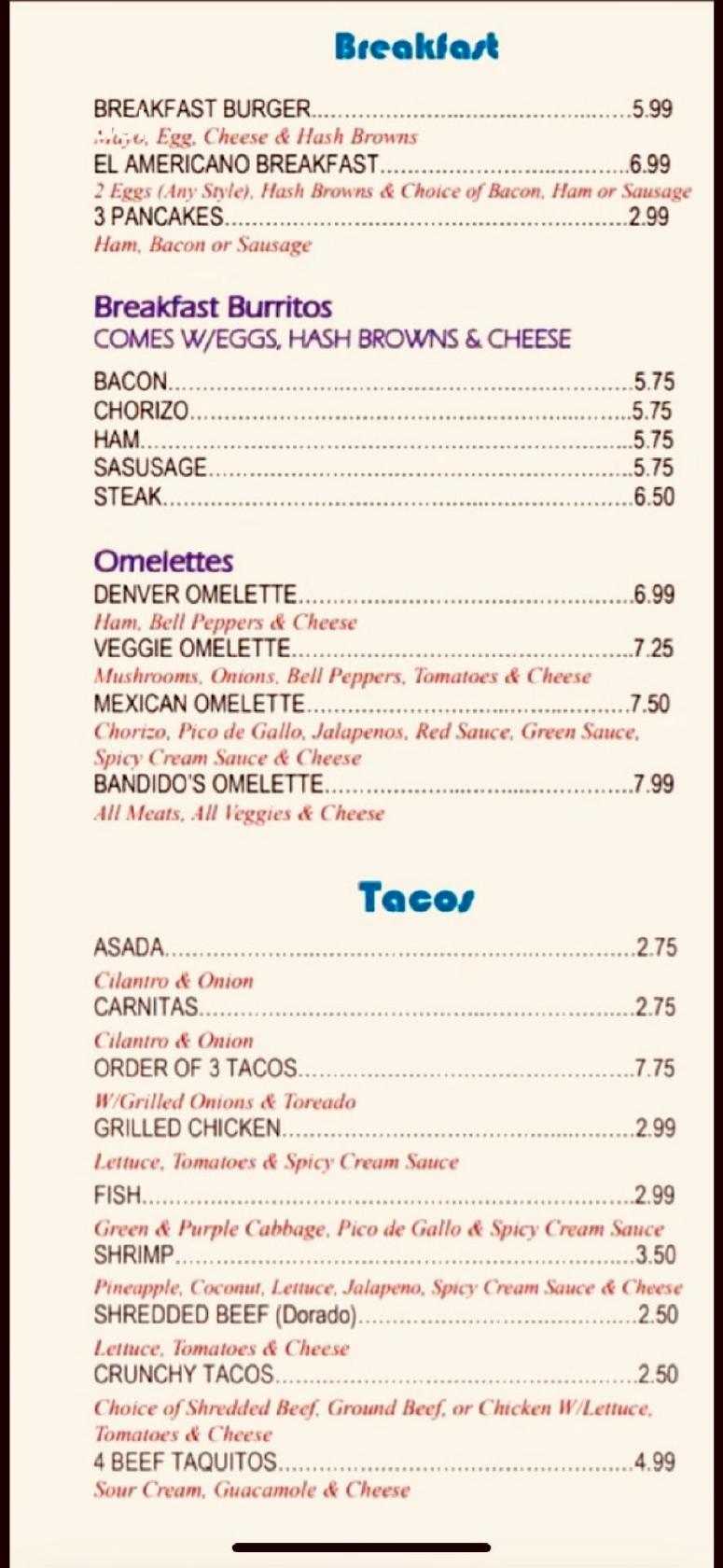 Menu at Bandido's Mexican Food restaurant, Show Low