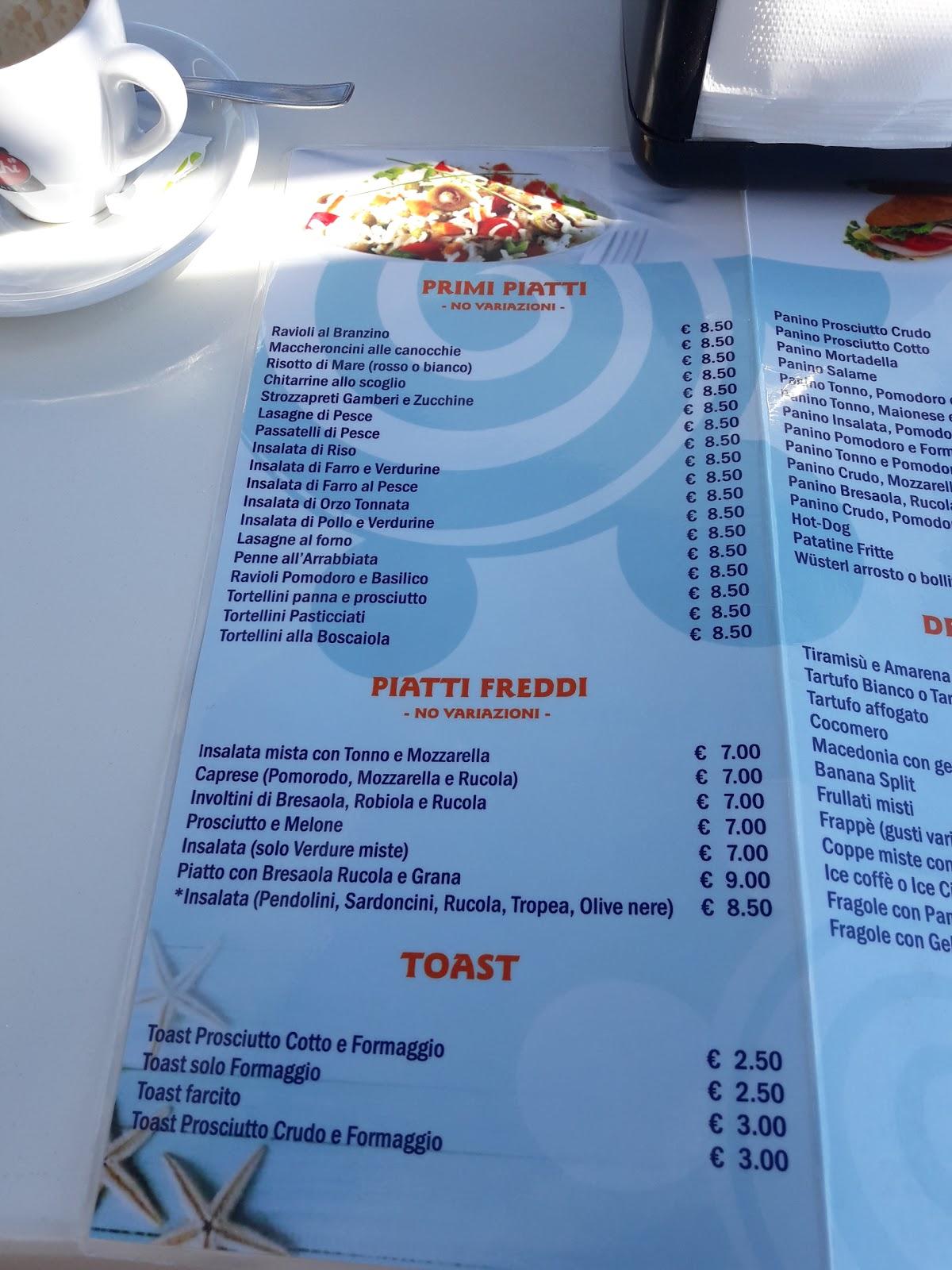 Menu da Bar Spiaggia, Gabicce Mare