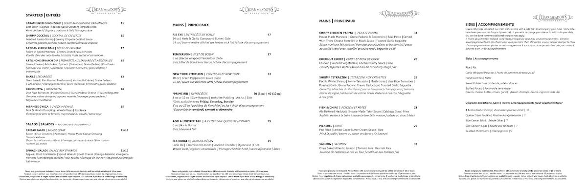 Menu at Cedar Meadows Dining Room restaurant, Timmins