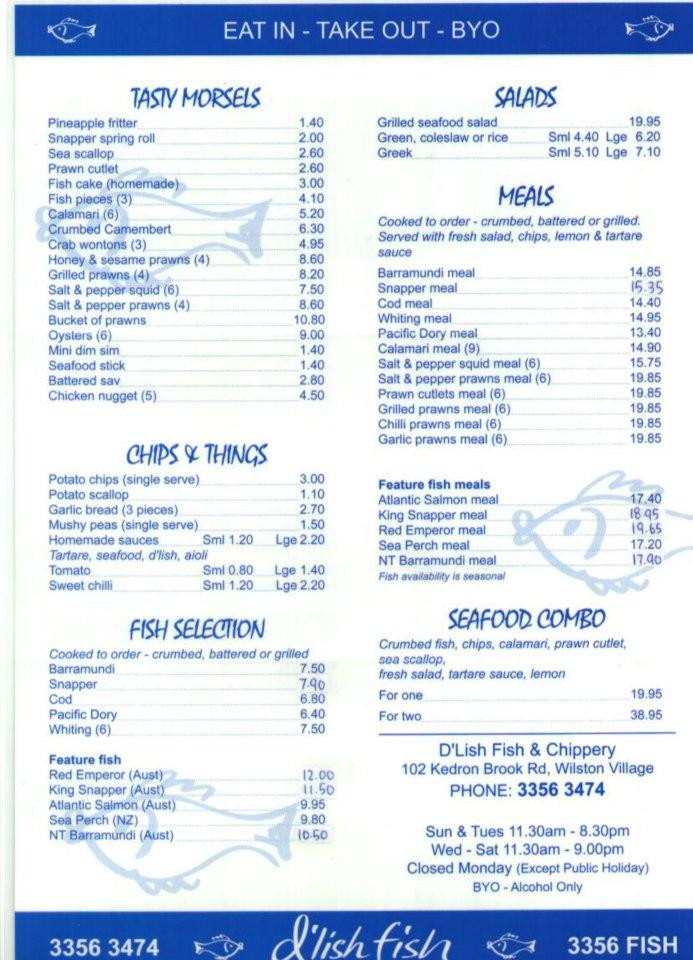 Menu at D'lish Fish and Chippery fast food, Wilston