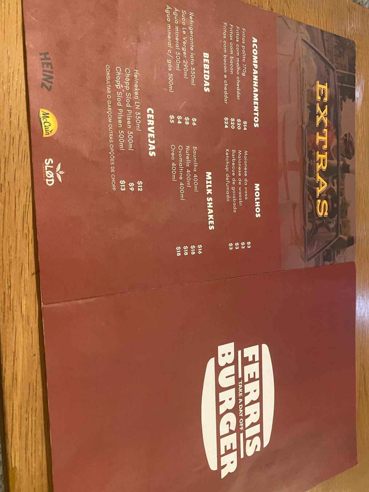Menu at Ferris Burger restaurant, Belo Horizonte