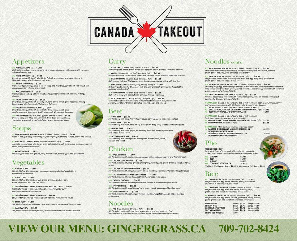 Menu at Gingergrass Thai and Vietnamese Restaurant, St. John's