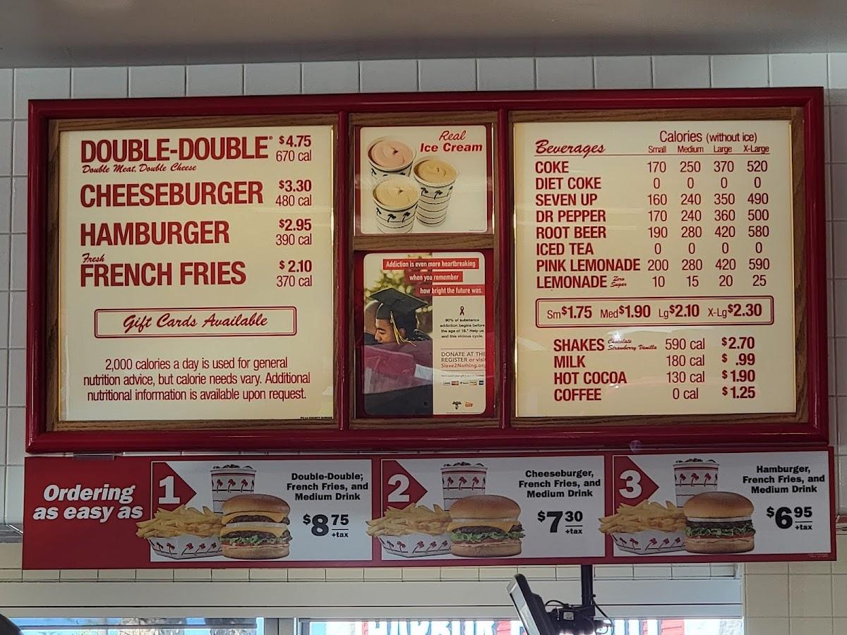 Menu at In-N-Out Burger fast food, La Mirada, Firestone Blvd