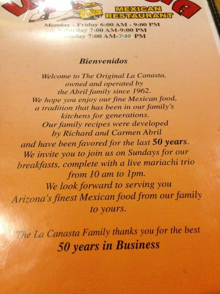 Carta del restaurante The Original La Canasta Mexican Food, Phoenix