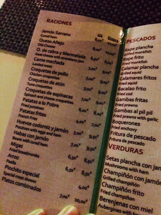 Menu at Manolo pub & bar, Granada, Plaza de Gracia 8