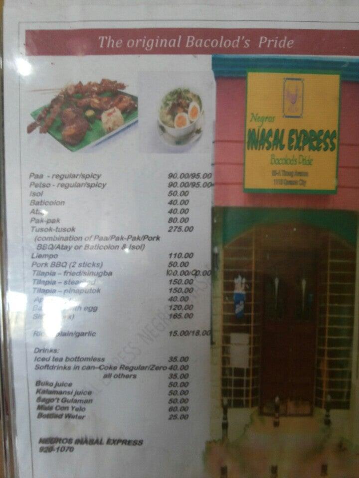 Carta del restaurante Negros Inasal Express, Ciudad Quezon, 85A Timog Ave