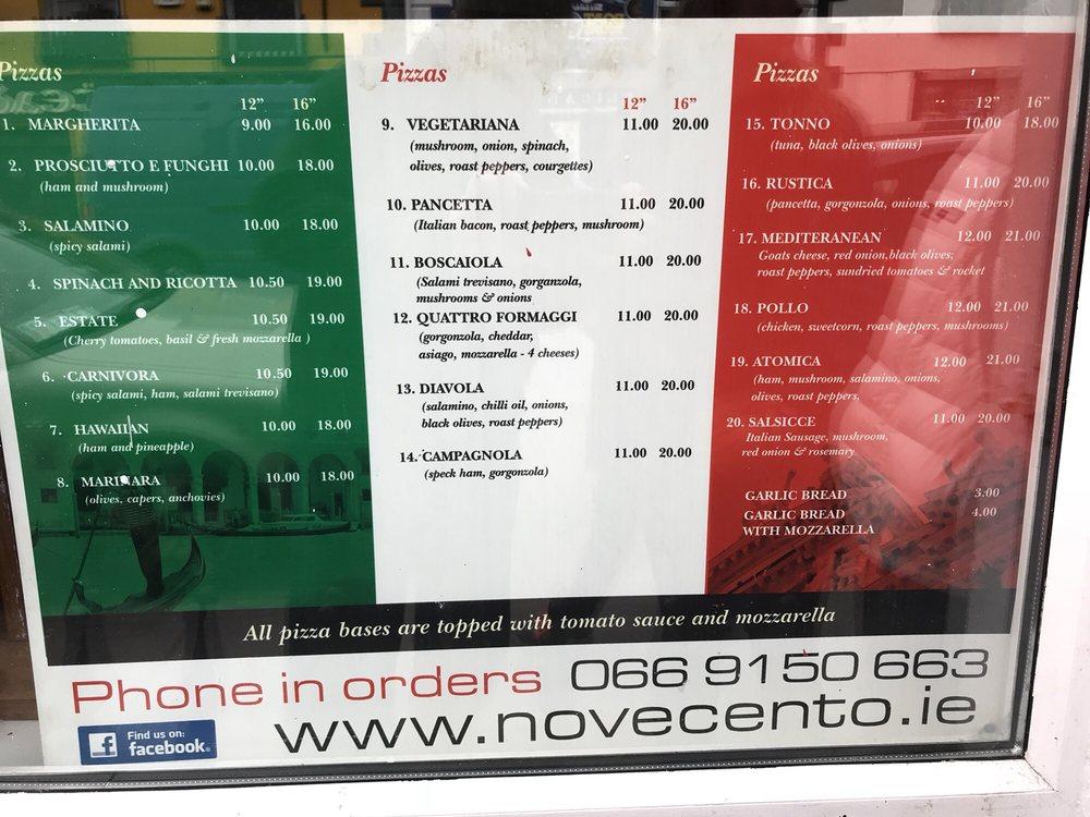 Menu at Pizzeria Novecento, Dingle