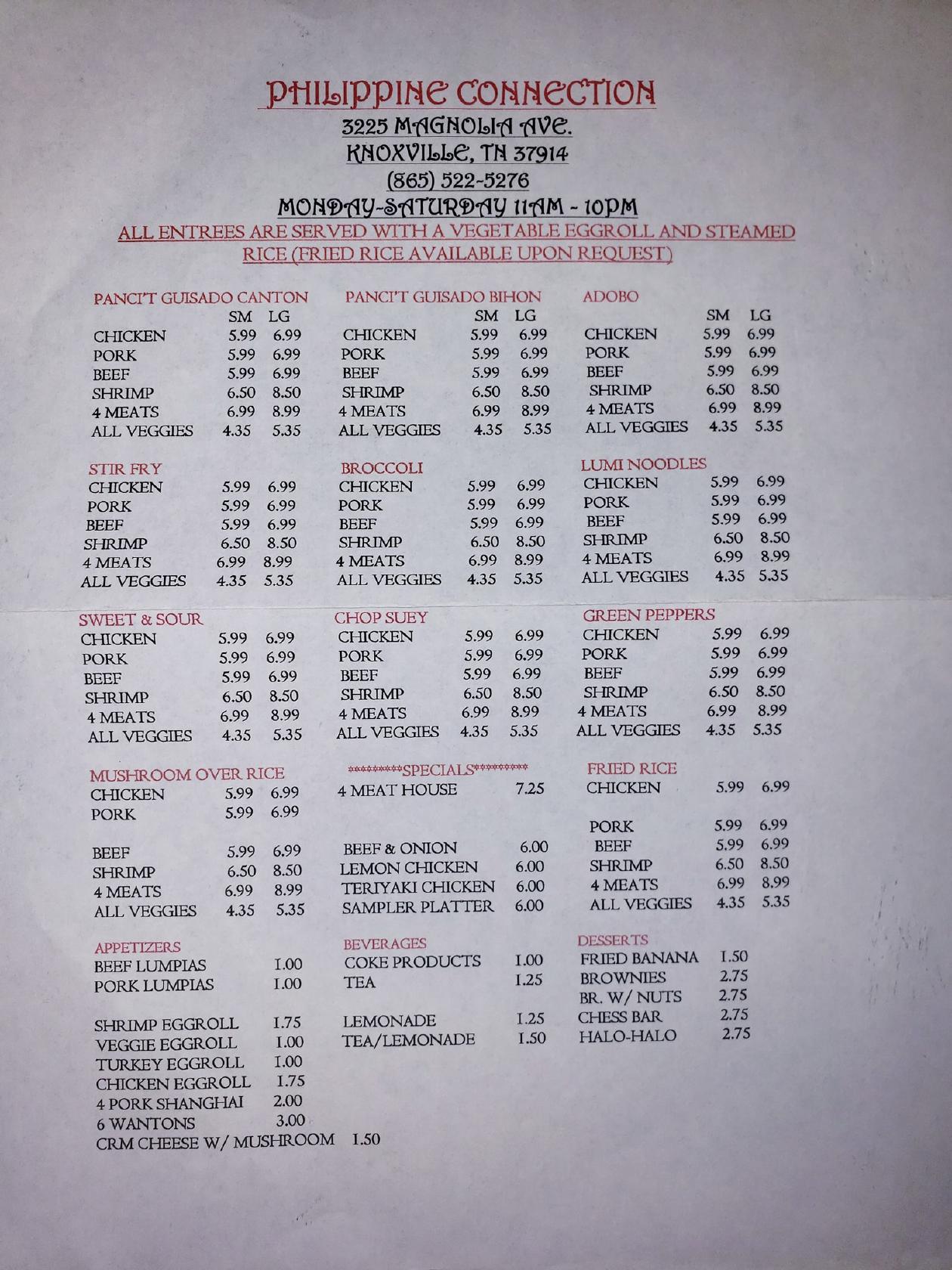 Menu at Philippine Connection Carry Out Food restaurant, Knoxville