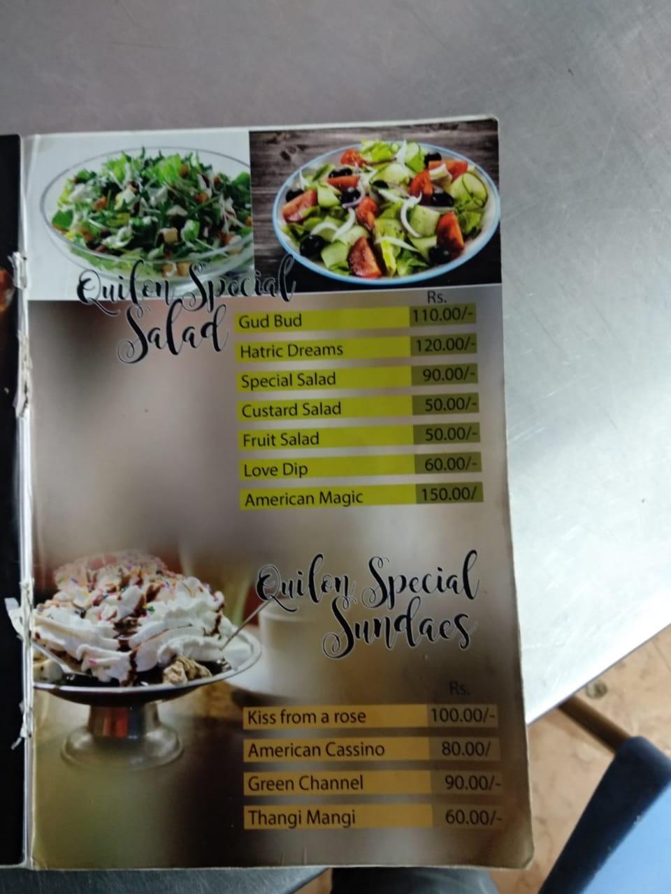 Menu at Quilon Bakery, Pathanapuram