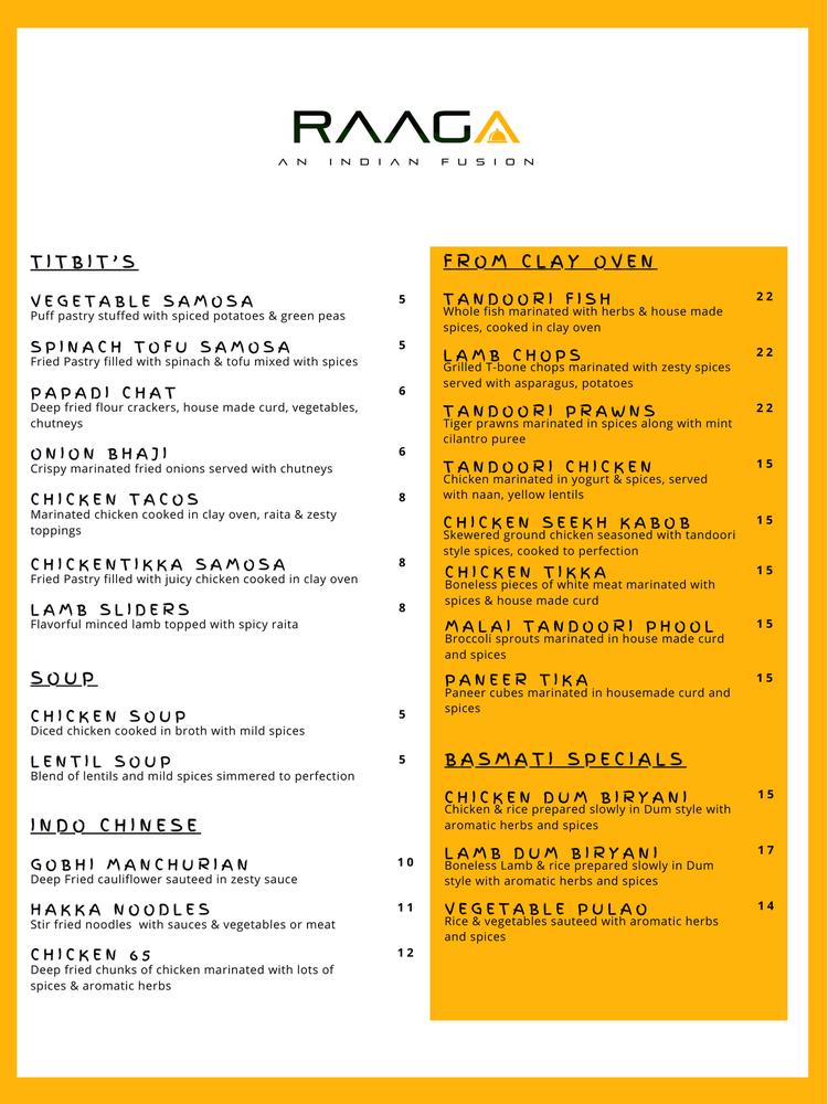 Menu at Raaga restaurant, Los Angeles