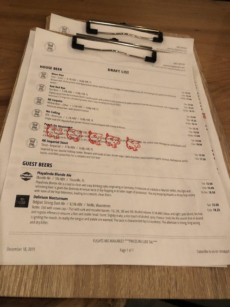Menu at Red Pig Brewery pub & bar, Holly Hill