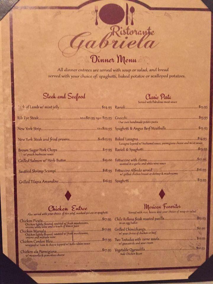 Menu at Ristorante Gabriela restaurant, Madera, N Schnoor St