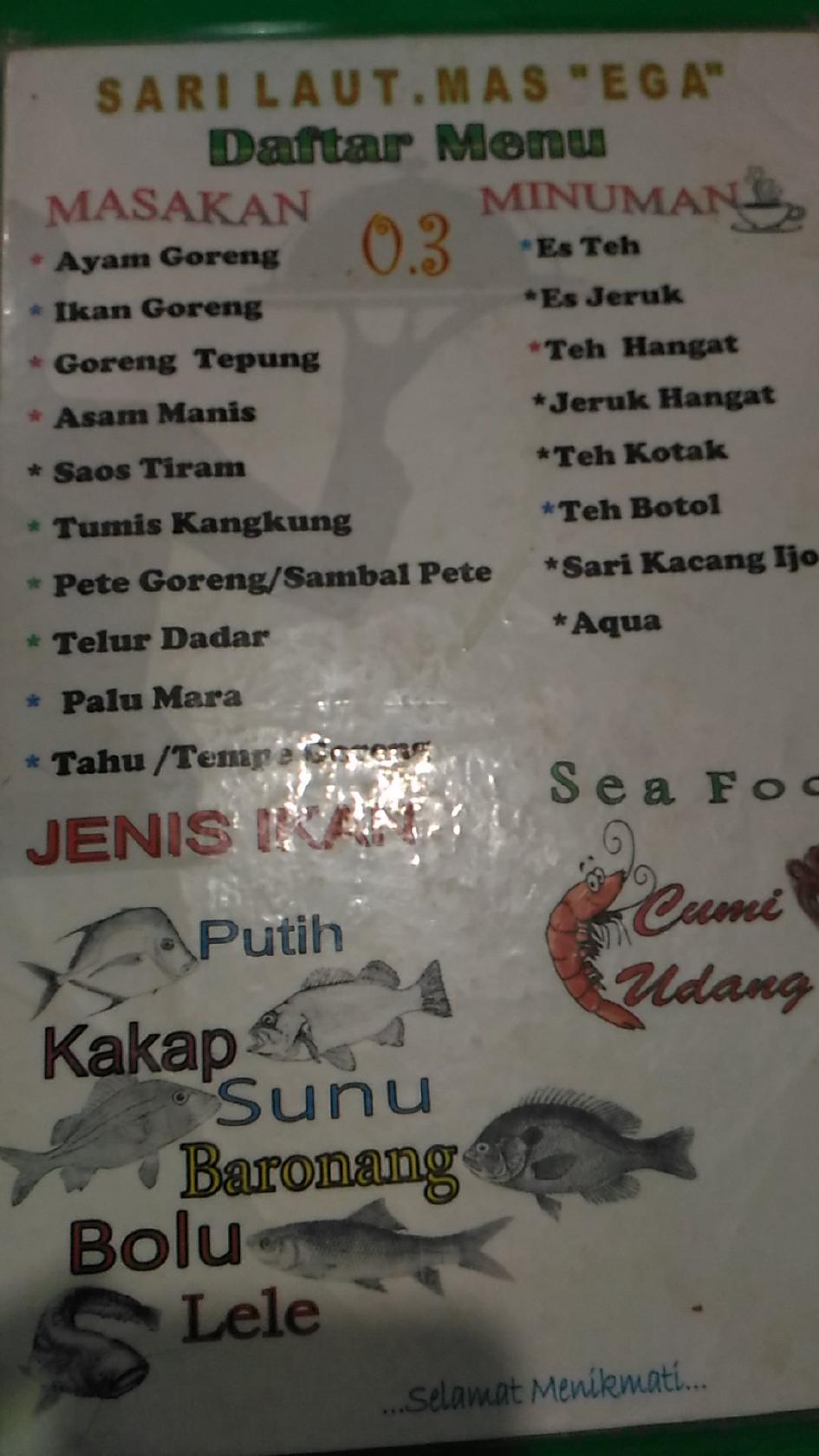 Menu at Sari Laut Mas Ega restaurant, Kendari