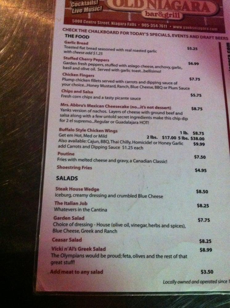 Menu at Yank's Old Niagara Bar & Grill, Niagara Falls