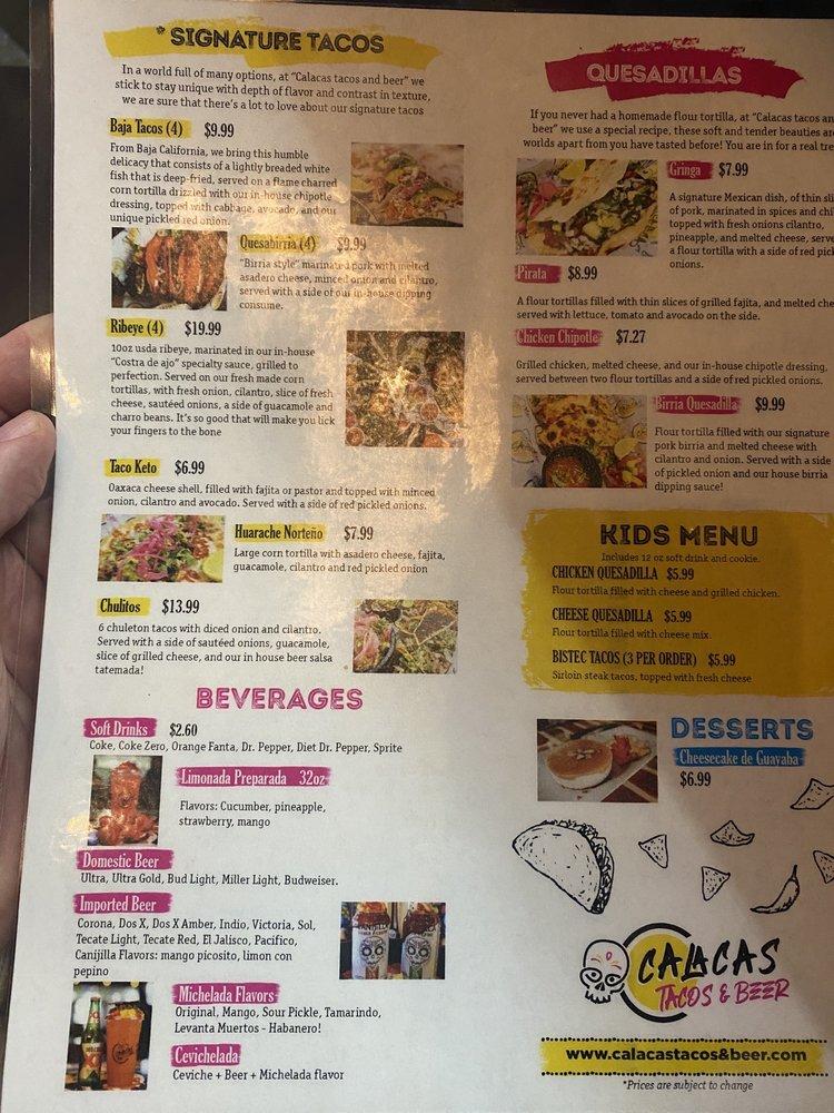 Menu at Calacas Tacos & Beer - Brownsville pub & bar, Brownsville